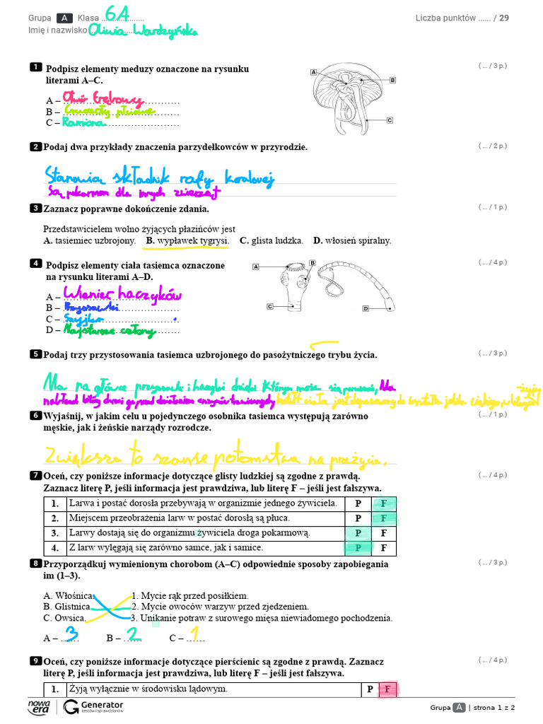 Sprawdzian - Tasiemiec, Owsik | PDF