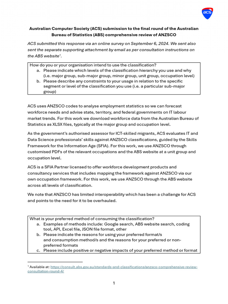 ACS Submission To ANZSCO Review 2024 | PDF | Software Testing | Quality ...