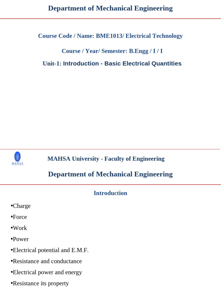 BME1013 Unit 1 Basic Electrical Quantities | PDF | Voltage | Electricity