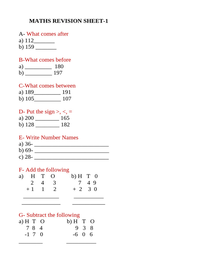 Class-1 Maths Revision Sheet | PDF
