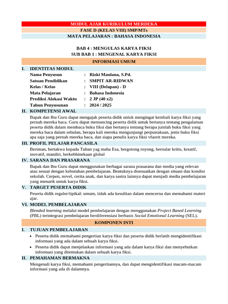 Modul Ajar Bahasa Indonesia Fase D Kelas 8 Bab 4 | PDF