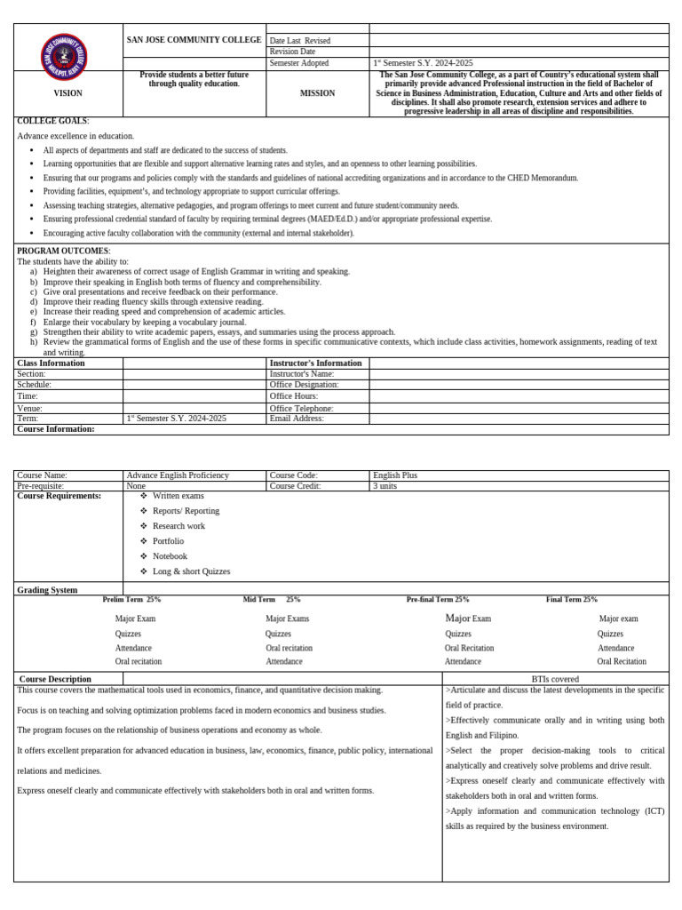 English 1-SYLLABUS-ADVANCE ENGLISH PROFICIENCY | PDF | Literacy | Learning