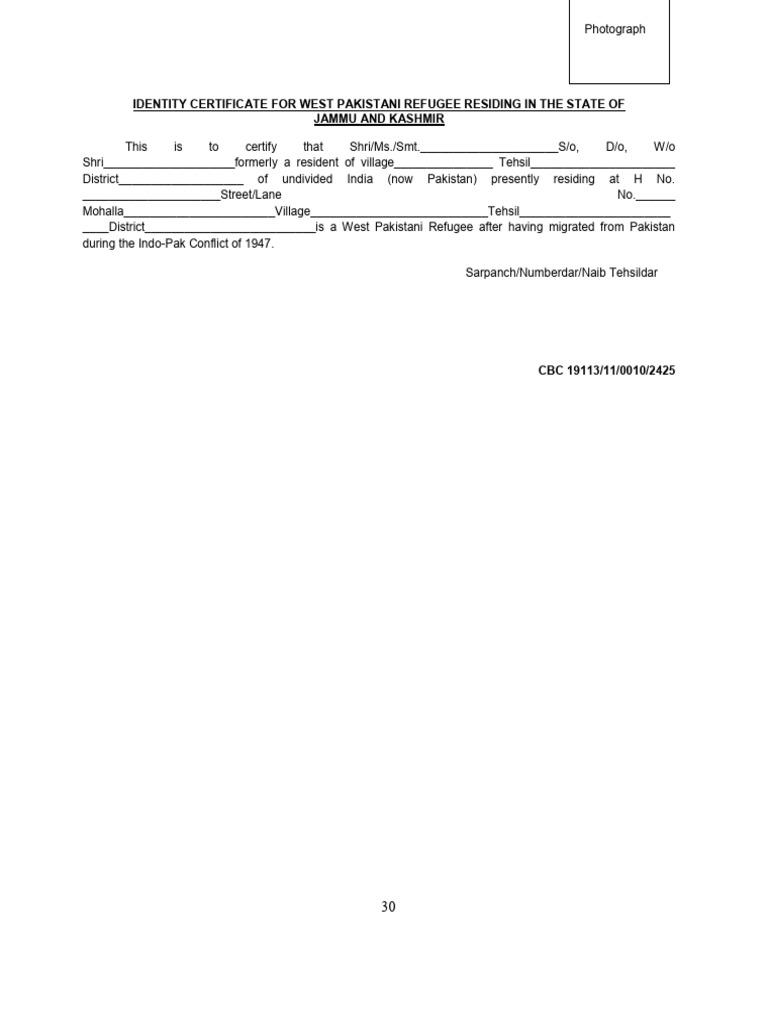 West Pakistani Refugee Identity Certificate | PDF