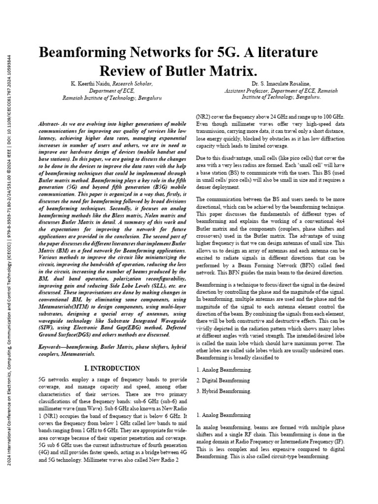 Beamforming Networks For 5G. A Literature Review of Butler Matrix | PDF ...