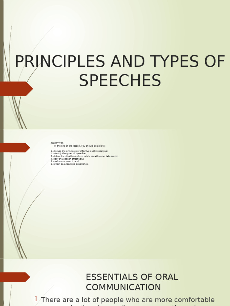 Principles and Types of Speeches | PDF | Communication | Public Speaking
