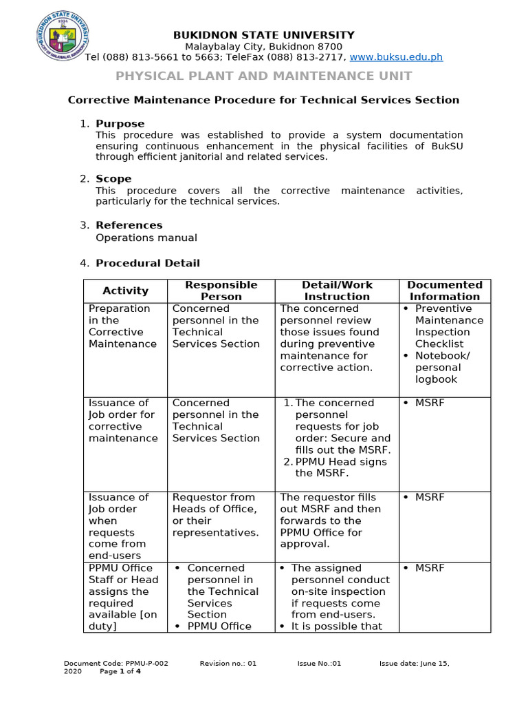PPMU P 002 - Corrective Maintenance Procedure For Technical Services Section | PDF