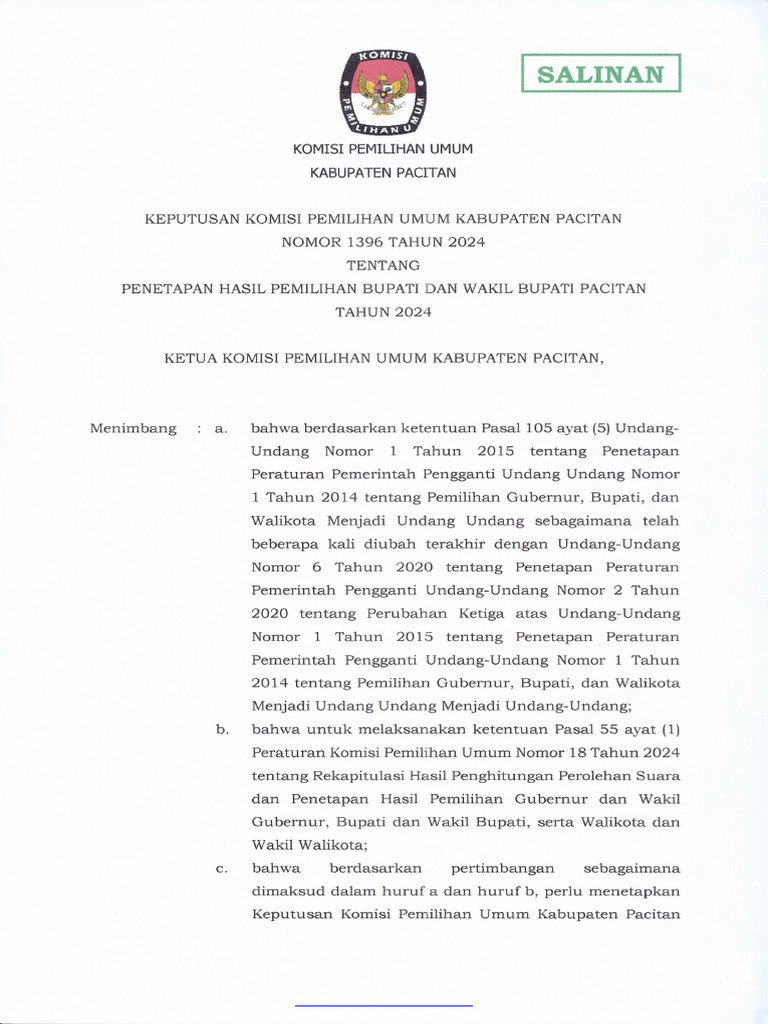 Salinan SK KPU NO 1396 2024 Tentang Penetapan Hasil Pilbup Pacitan 2024 | PDF