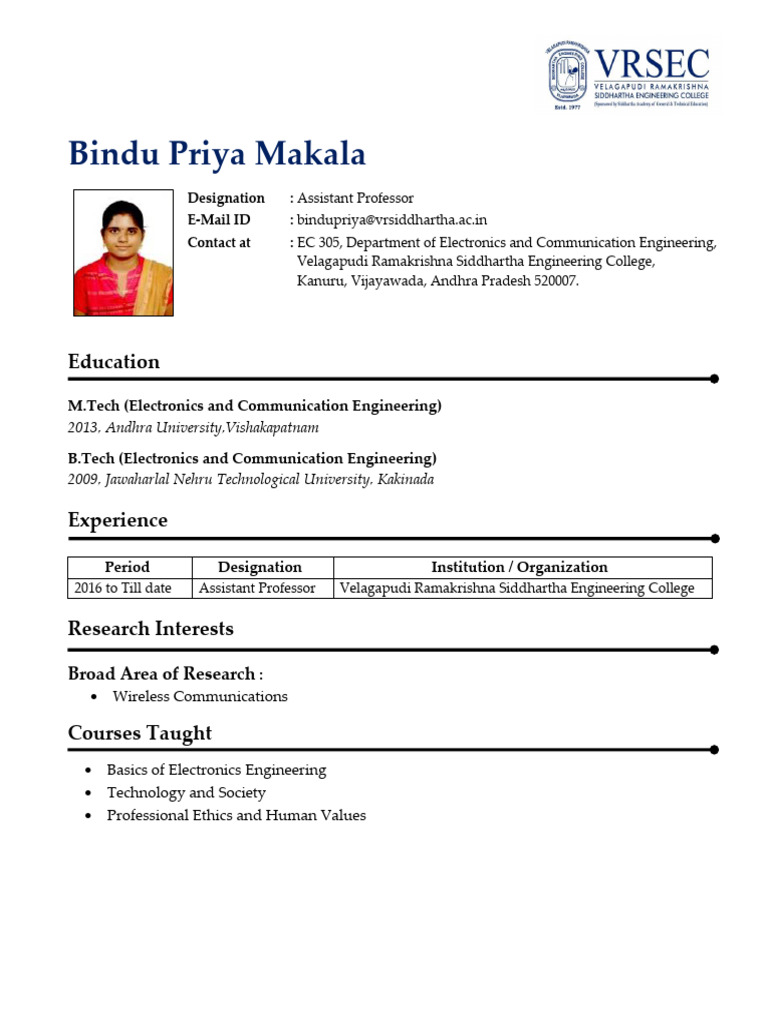 Bindu Priya Makala: Education | PDF