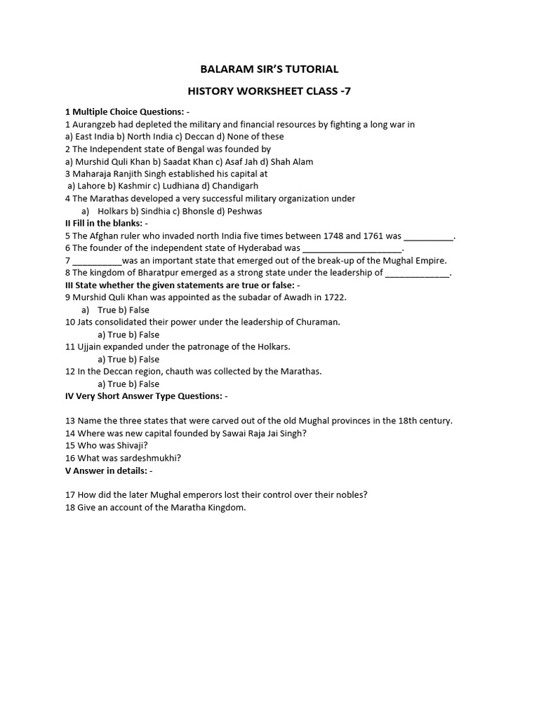 Class 7 History Worksheet: Mughal Era | PDF
