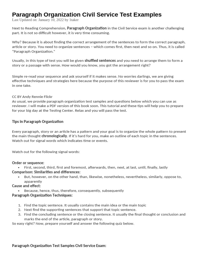 Paragraph Organization Civil Service Test Examples | PDF | Investing