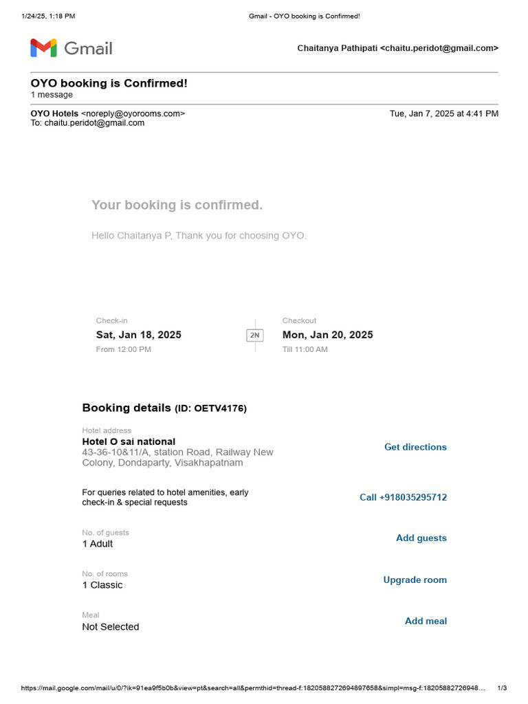 Gmail - OYO Booking Is Confirmed! | PDF | Payments
