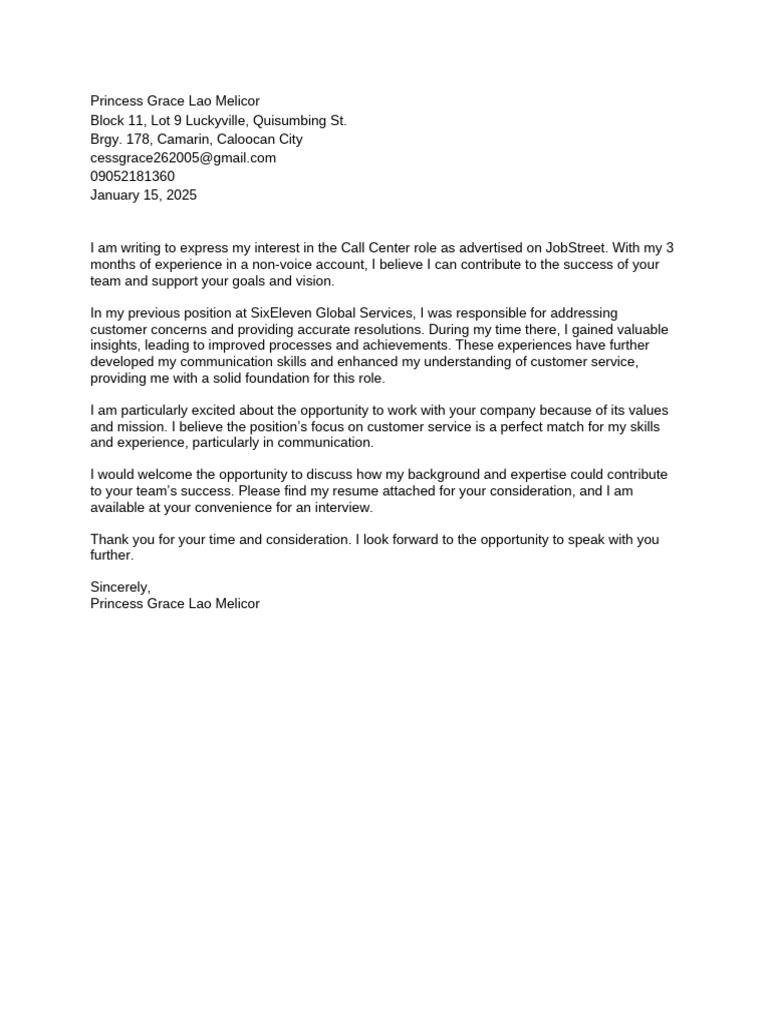 Call Center Job Application Letter Pdf