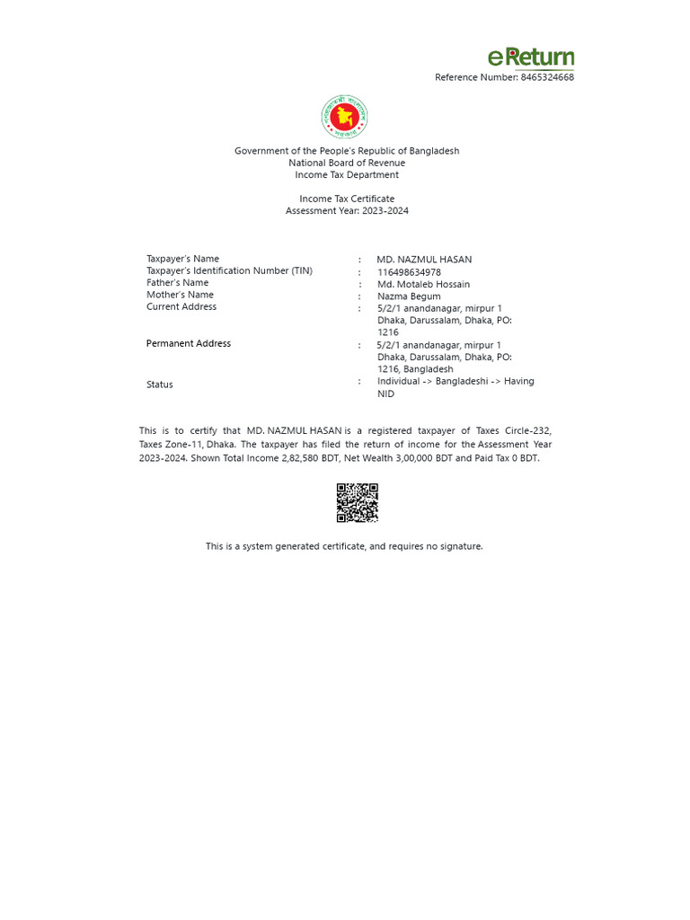 Income Tax Certificate for 2023-2024 | PDF