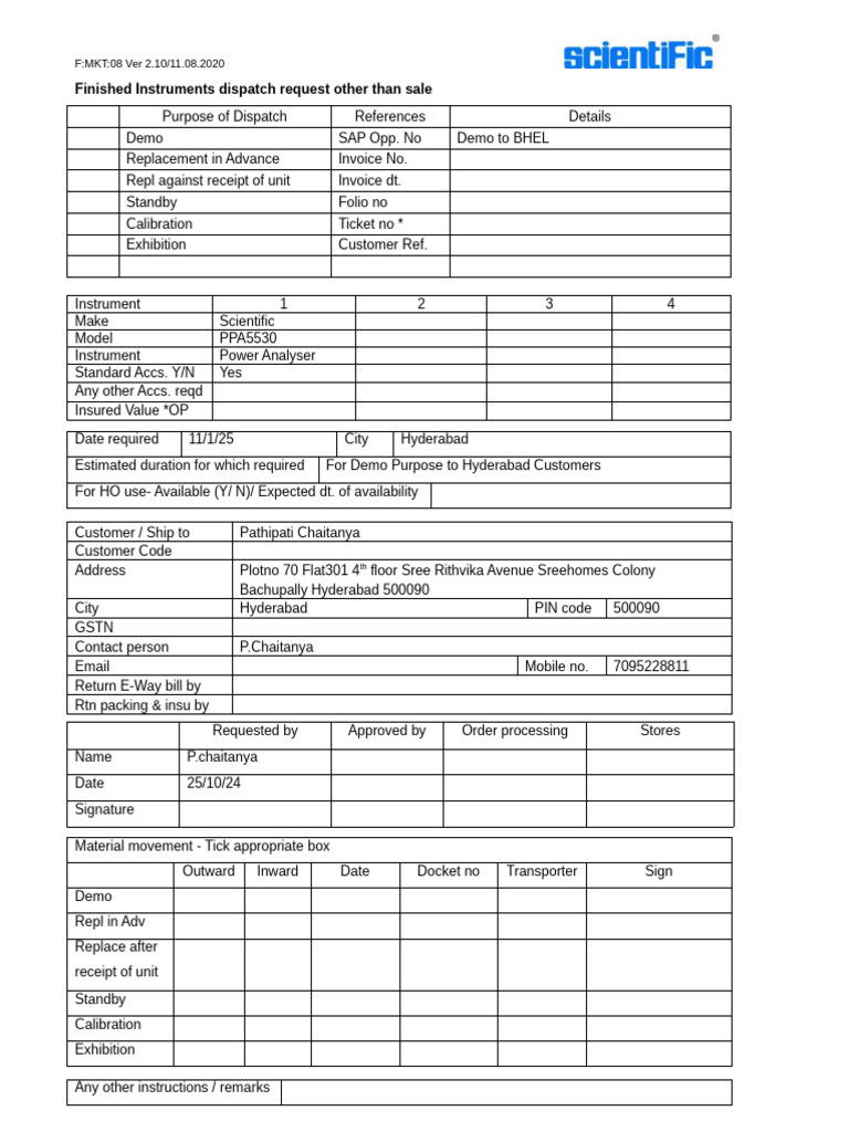 Dispatch Demo Request Form - BHEL | PDF