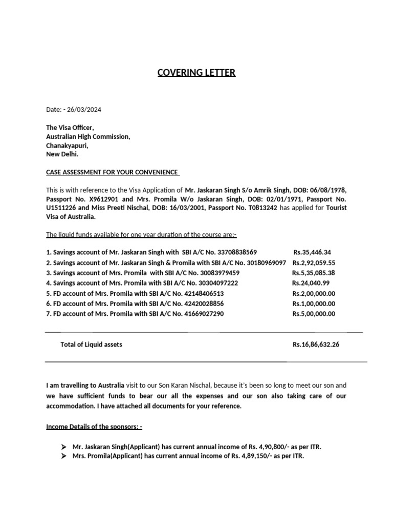 Covering Letter of MR - Jaskaran Singh & Mrs - Promila | PDF