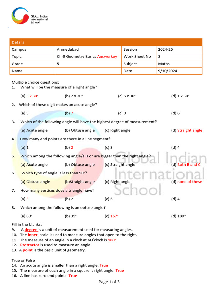 2024-25 G - 5 CH - 9 Geometry Answerkey | PDF | Angle | Triangle