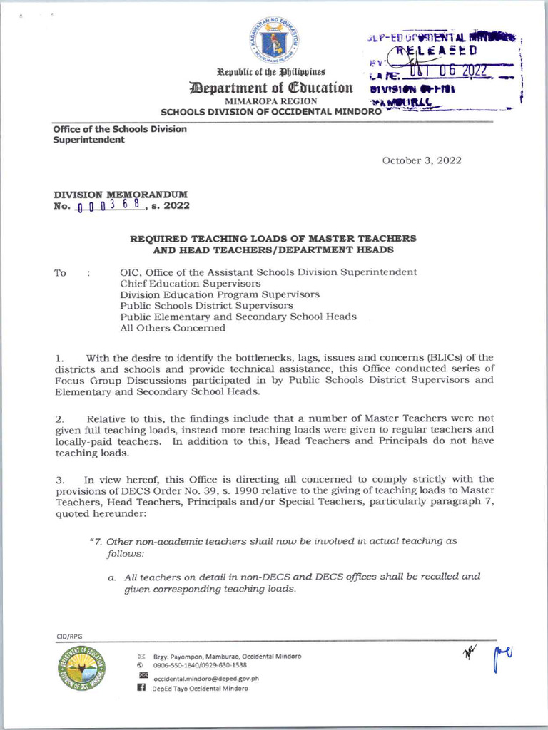 368 Required Teaching Loads of Master Loads of Master Teachers and Head ...