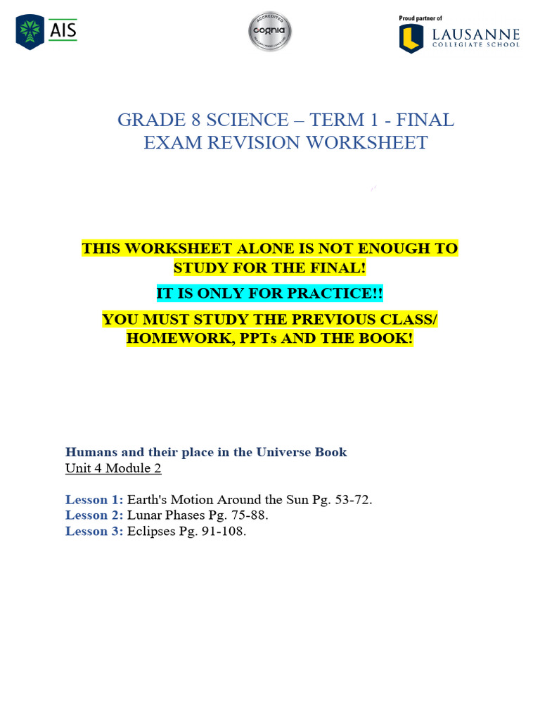 G8 Science - Term 1 - Final Exam Revision Worksheet | PDF | Moon | Eclipse