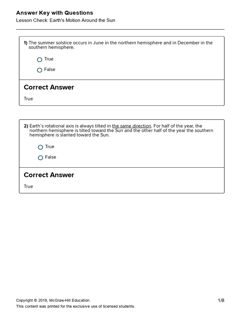 Correct Answer: Answer Key With Questions | PDF | Earth | Sun