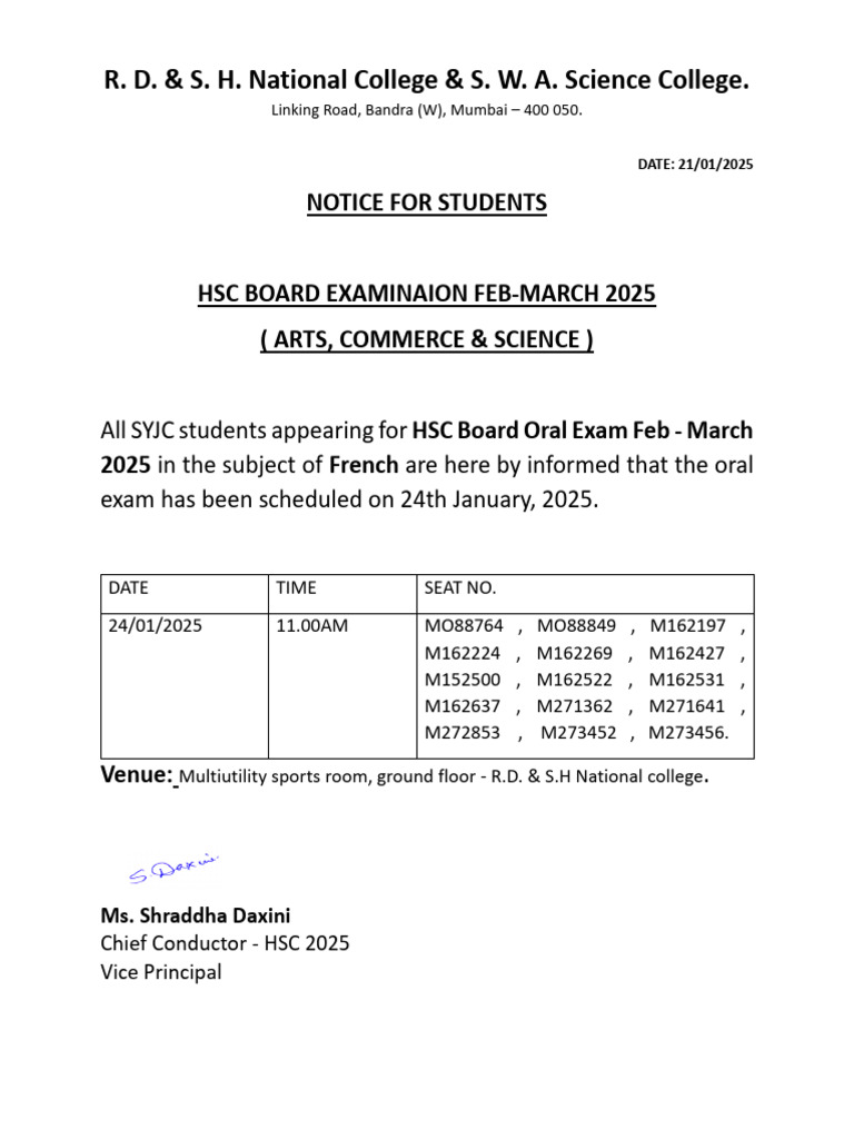 HSC French Oral Exam Notice 2025 | PDF