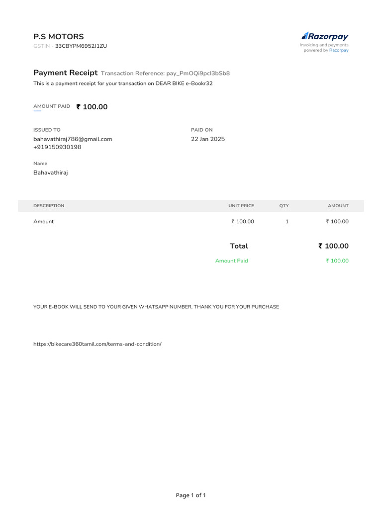 Receipt Pay - PmOQi9pcI3bSb8 From P.S MOTORS (Paid) | PDF