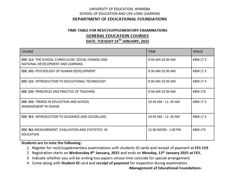 Resit - Supp Timetable Jan 2025 | PDF