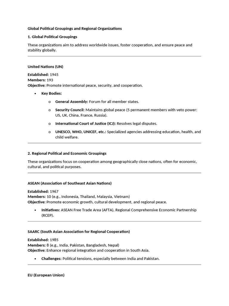 Global Political and Regional Organizations | PDF | European Union | Opec
