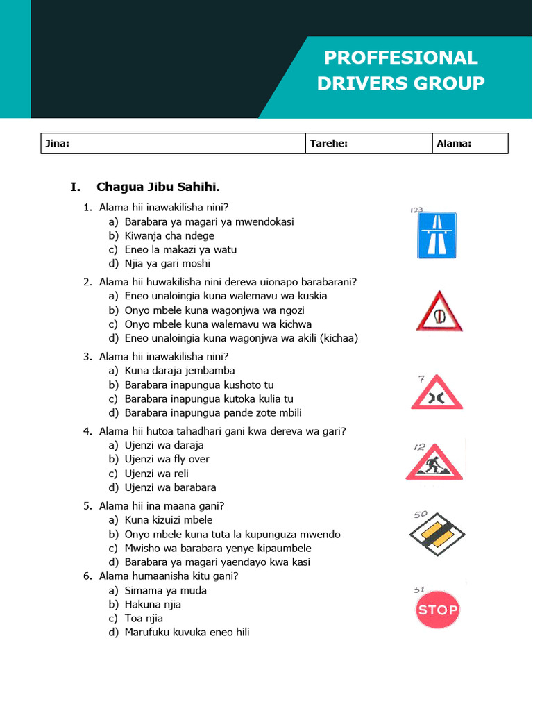 Mtihani Wa Kujipima Wa Alama Za Barabarani - 125239 | PDF