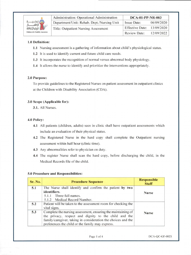 DCA-01-PP-NR-003 - Outpatient Nursing Assessment - E2 | PDF