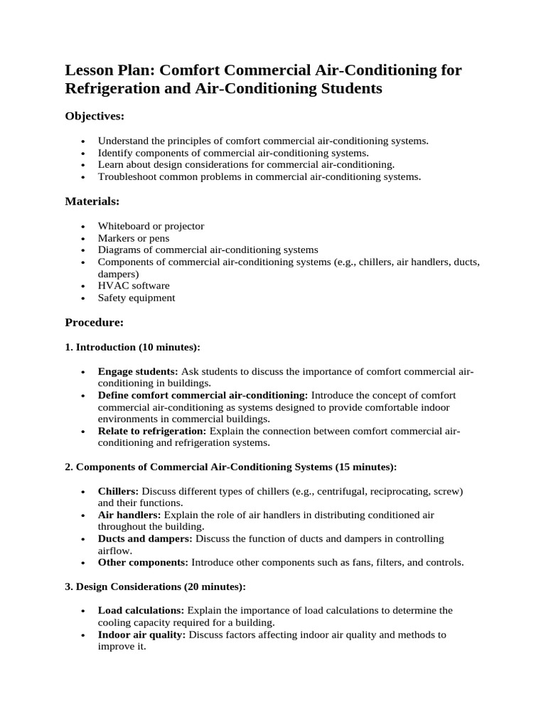 Lesson Plan Comfort Commercial Air-Conditioning For Refrigeration and ...