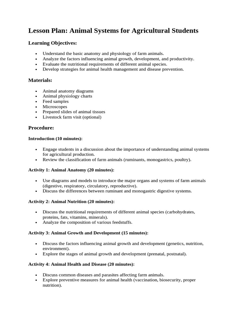 Lesson Plan Animal Systems For Agricultural Students | PDF ...