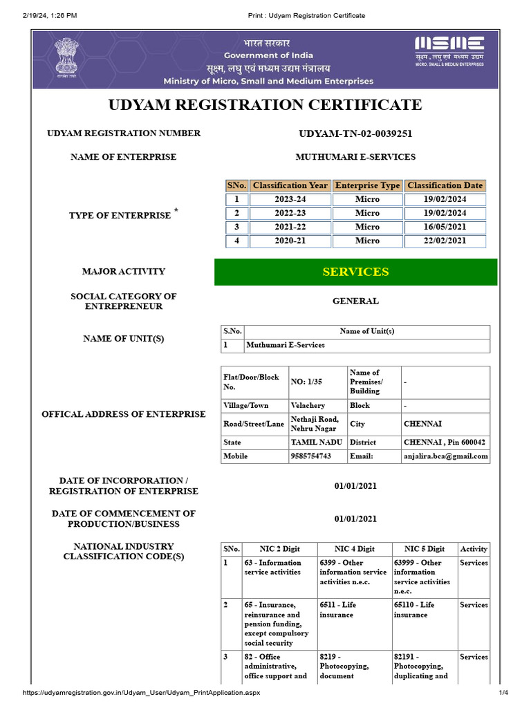 Print - Udyam Registration Certificate | PDF
