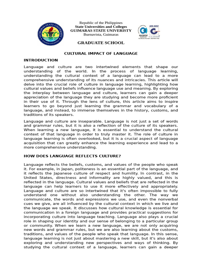 Cultural Influence on Language Learning | PDF | Nonverbal Communication ...