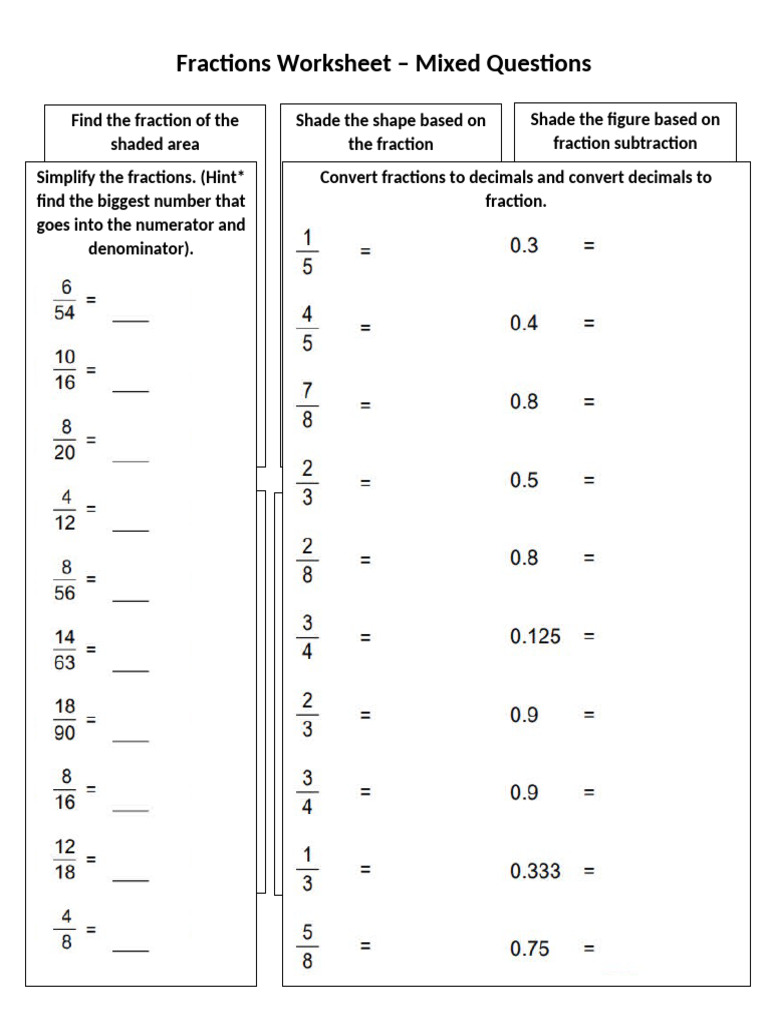 Fractions Worksheet - Mixed Questions | PDF