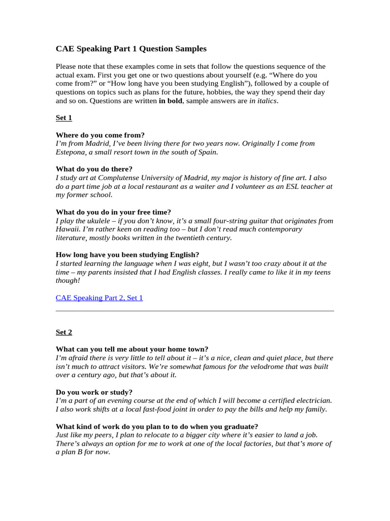 CAE Speaking Part 1 Question Samples | PDF