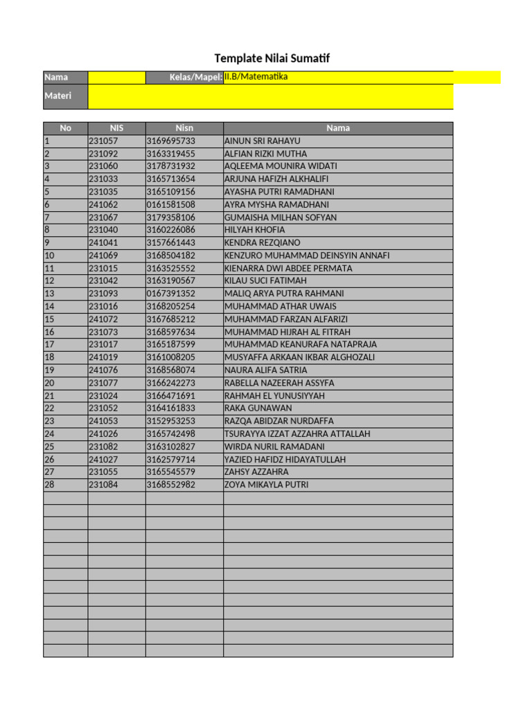 Template Nilai Sumatif II.B Matematika | PDF