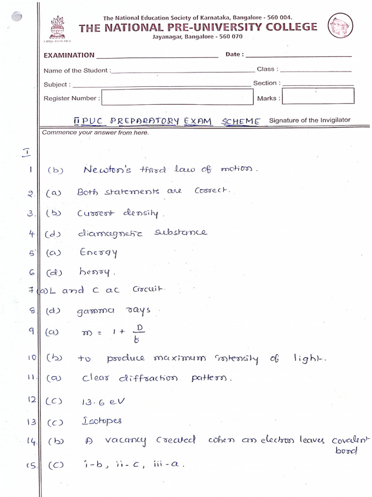 Ii Puc Physics Preparatory Exam Scheme | PDF