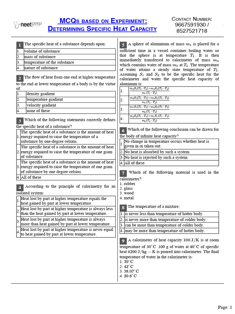 Specific Heat Capacity MCQs | PDF | Heat | Temperature
