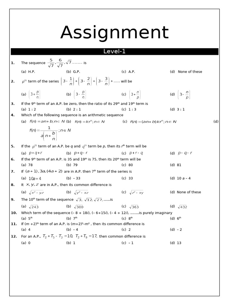 03 Progressions Part I (E) Assignment | PDF | Mean | Elementary Mathematics