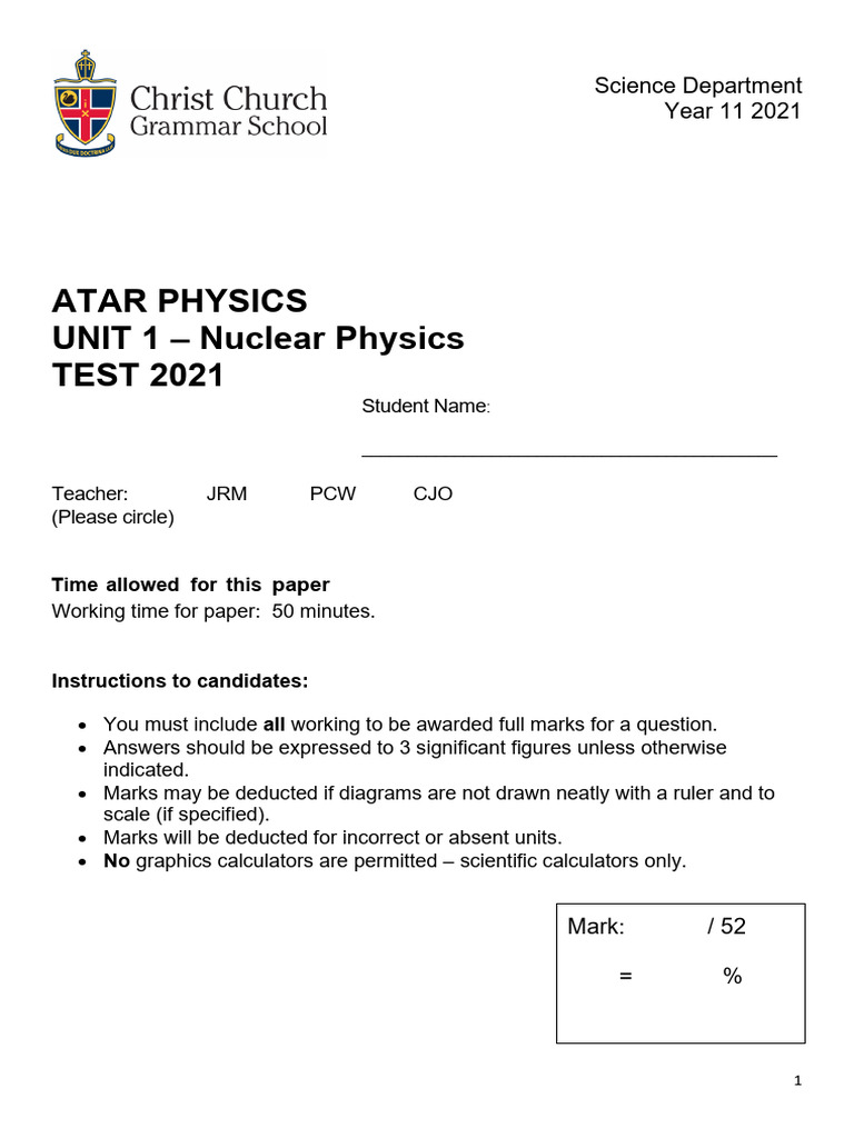 Year 11 ATAR Physics Nuclear Test | PDF | Radioactive Decay | Neutron