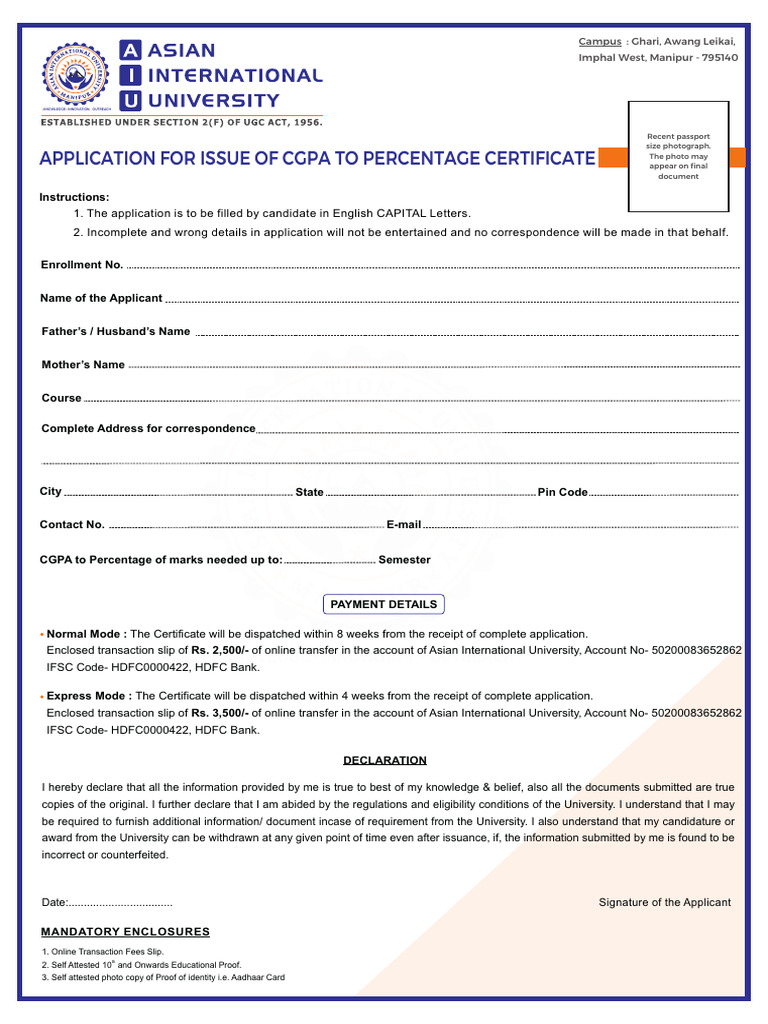 Application For Cgpa To Percentage Certificate | PDF | Identity ...