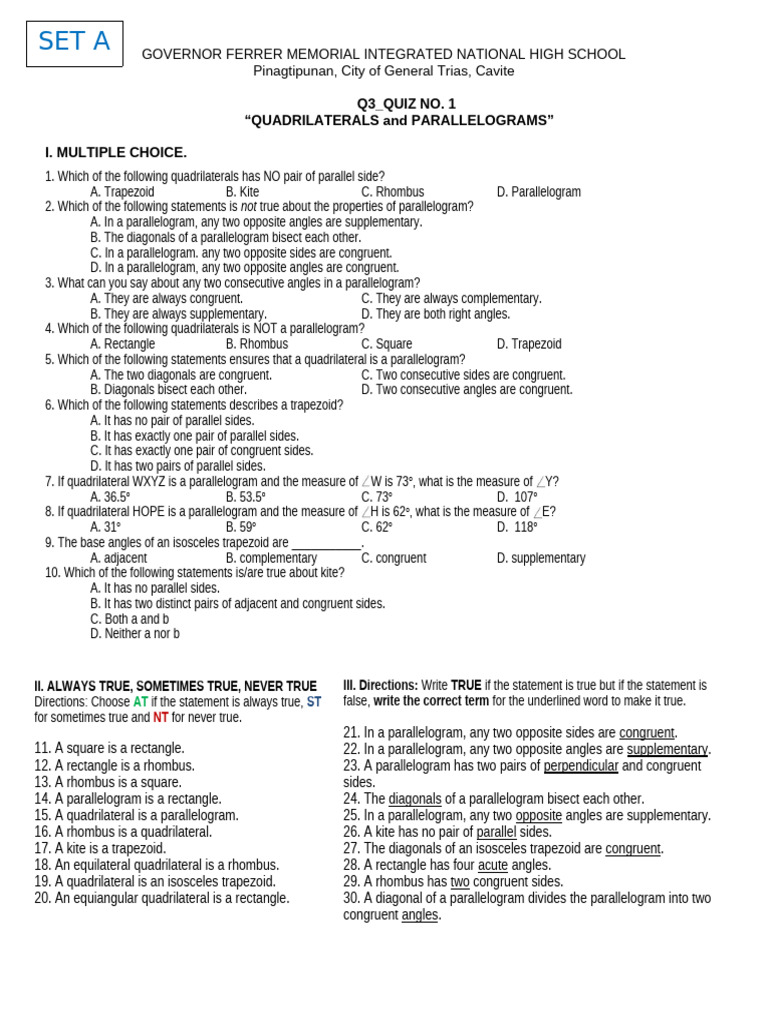 Quadrilaterals Quiz for Students | PDF | Rectangle | Geometry
