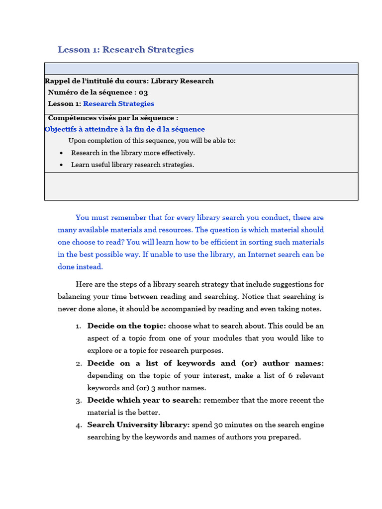 Lesson 1 Research Strategies | PDF | Libraries | Speed Reading