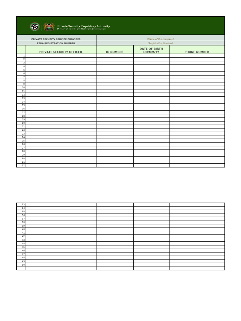 Security Force Number Template | PDF