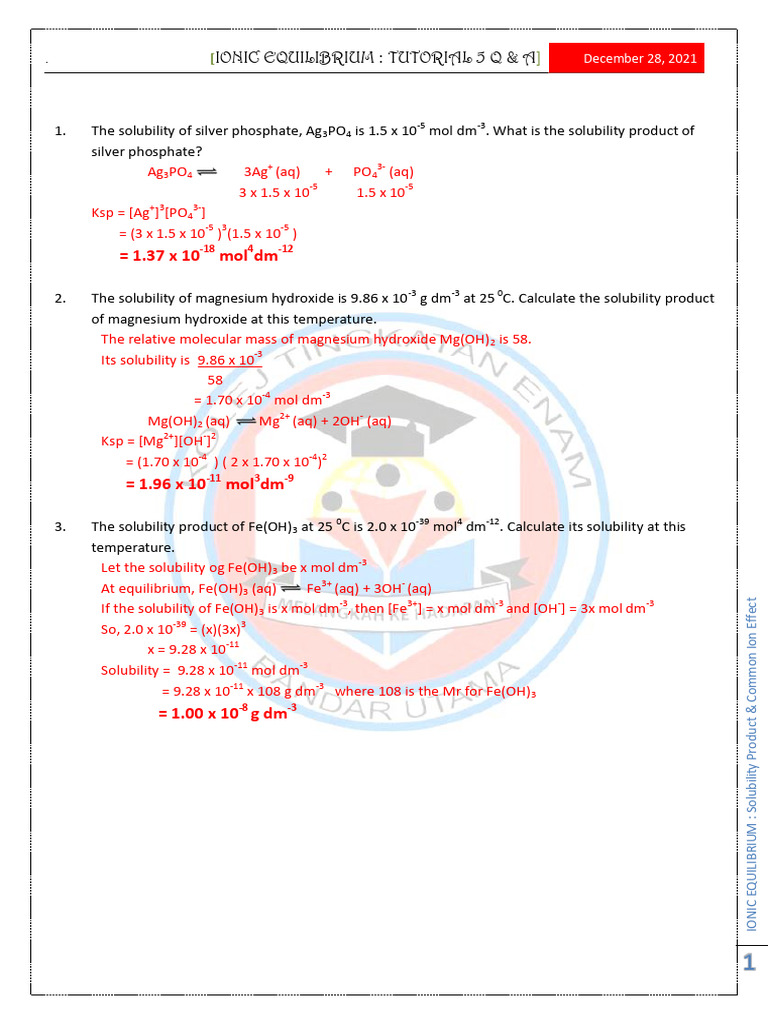 Solubility Product Tutorial Q & A | PDF | Hydroxide | Ammonium