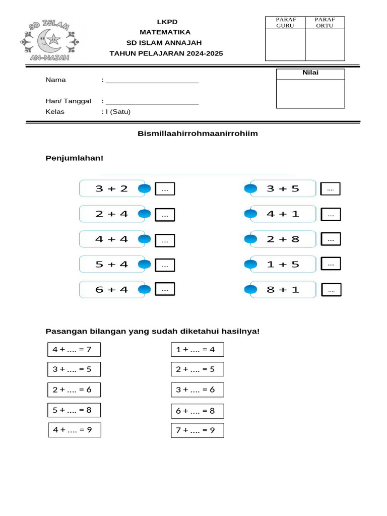LKPD Matematika Kelas 1 SD | PDF