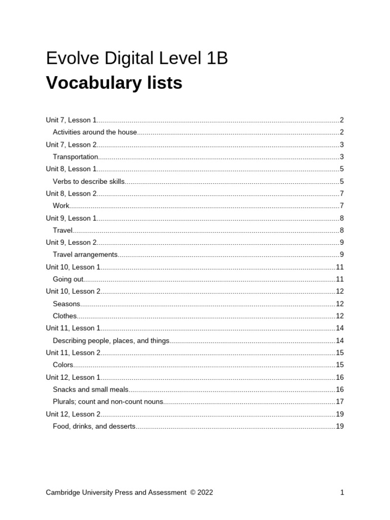Evolve Digital Level 1B Vocabulary Lists | PDF | Plural | Verb
