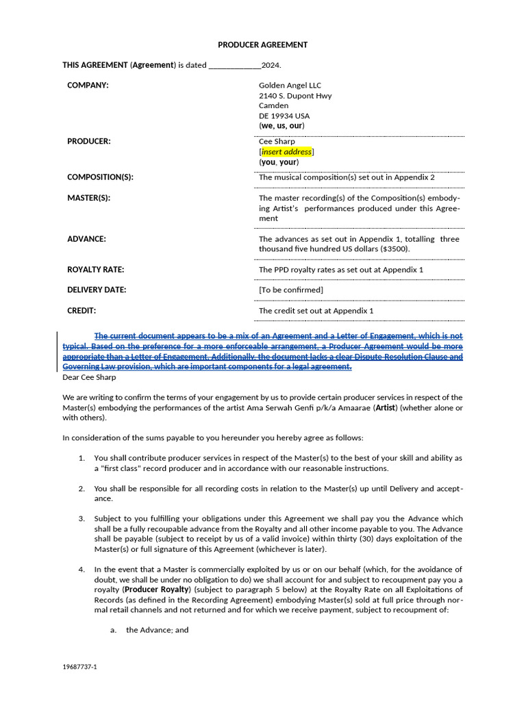Producer Agreement for Music Master Rights | PDF | Royalty Payment ...