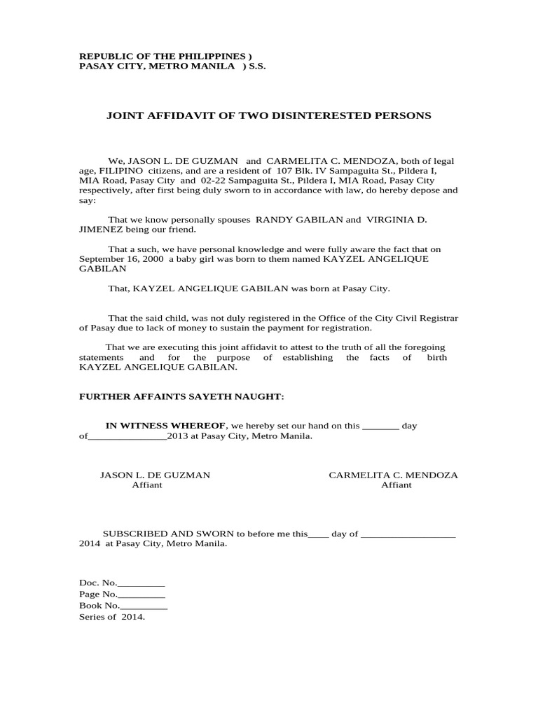 Joint Affidavit for Birth Registration | PDF