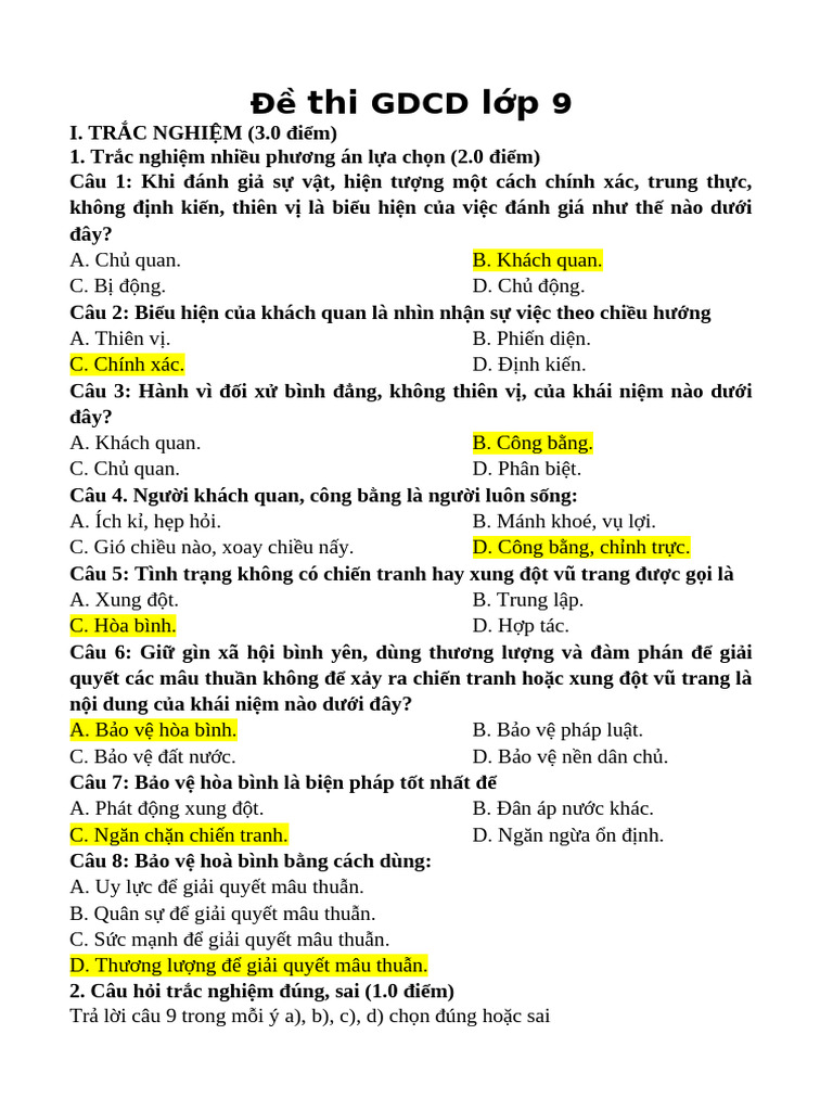 đề cuối kì 1 GDCD | PDF